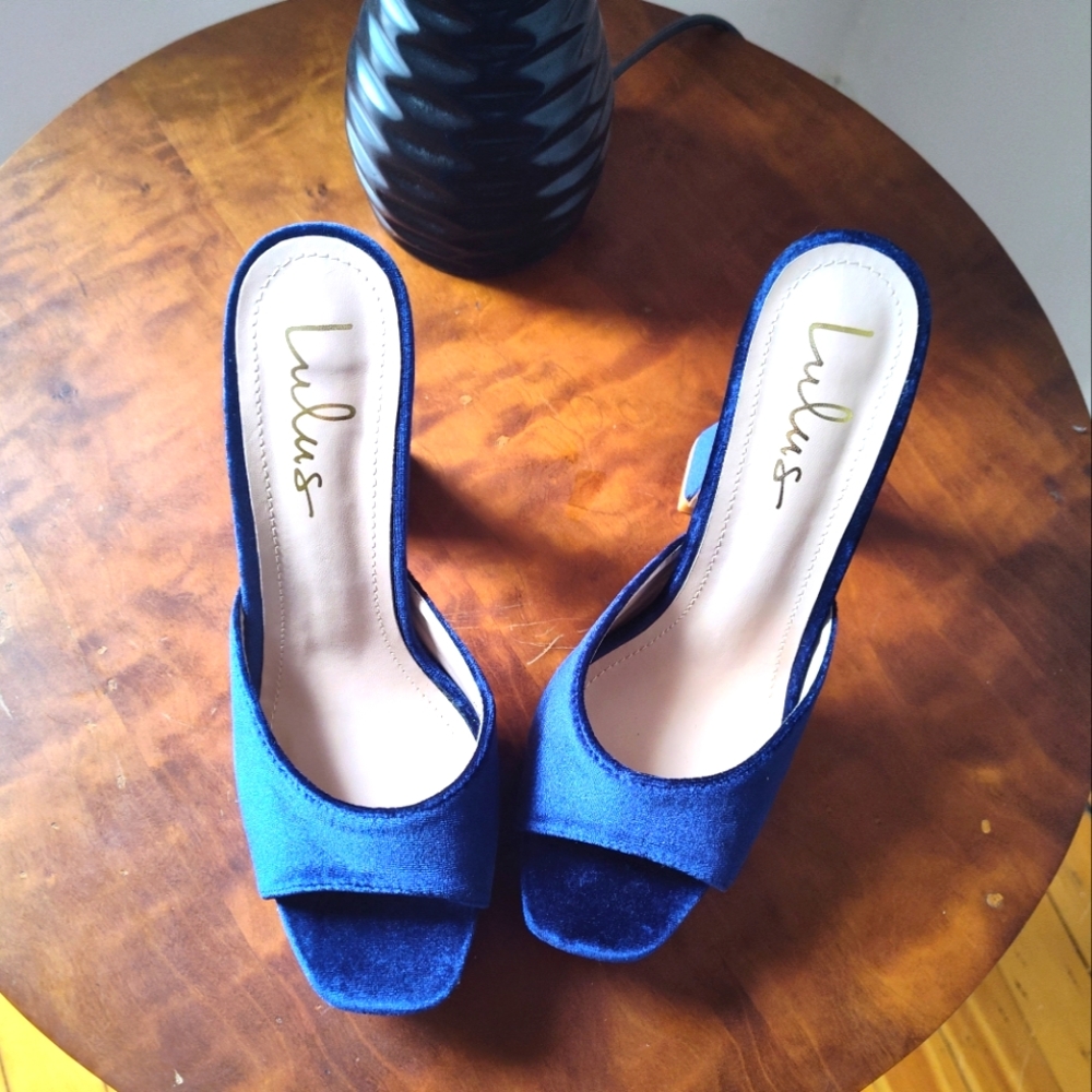 Lulus Halena Blue Velvet Platform Mule - Gem